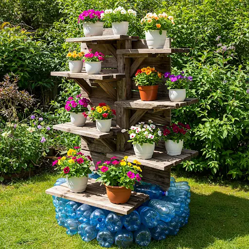 Amazing flower shelf | Diy recycle plastic bottles and wooden into ...