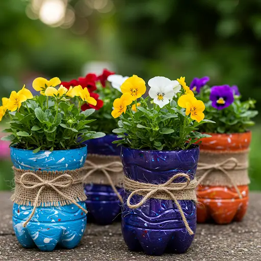 Reusing plastic bottles into flower pots, which don't need watering ...