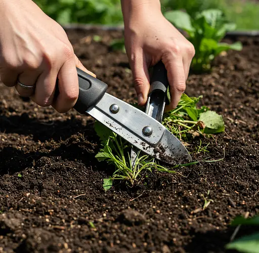Digging weeds in the orchard with a flat cutter tool - Home Garden Tips