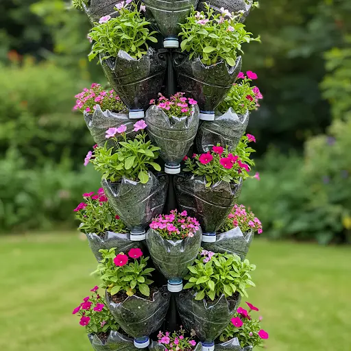 Unique Ideas, Recycling plastic bottles into Vertical Flower Tower Pots ...