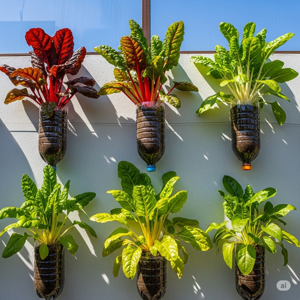 Colorful Swiss Chard Wall Garden with Plastic Bottles - Home Garden Tips