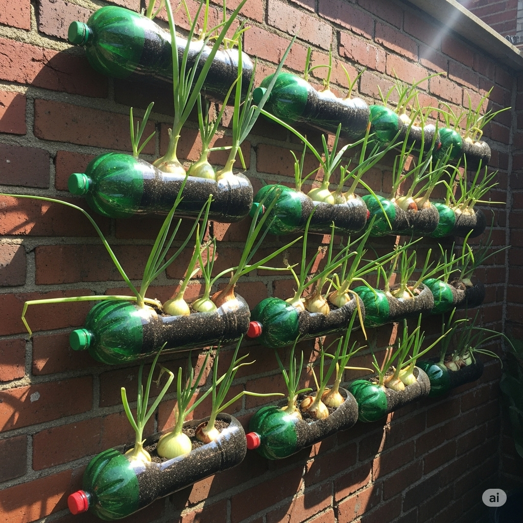 DIY Bottle Wall Garden for Green and Bulb Onions - Home Garden Tips