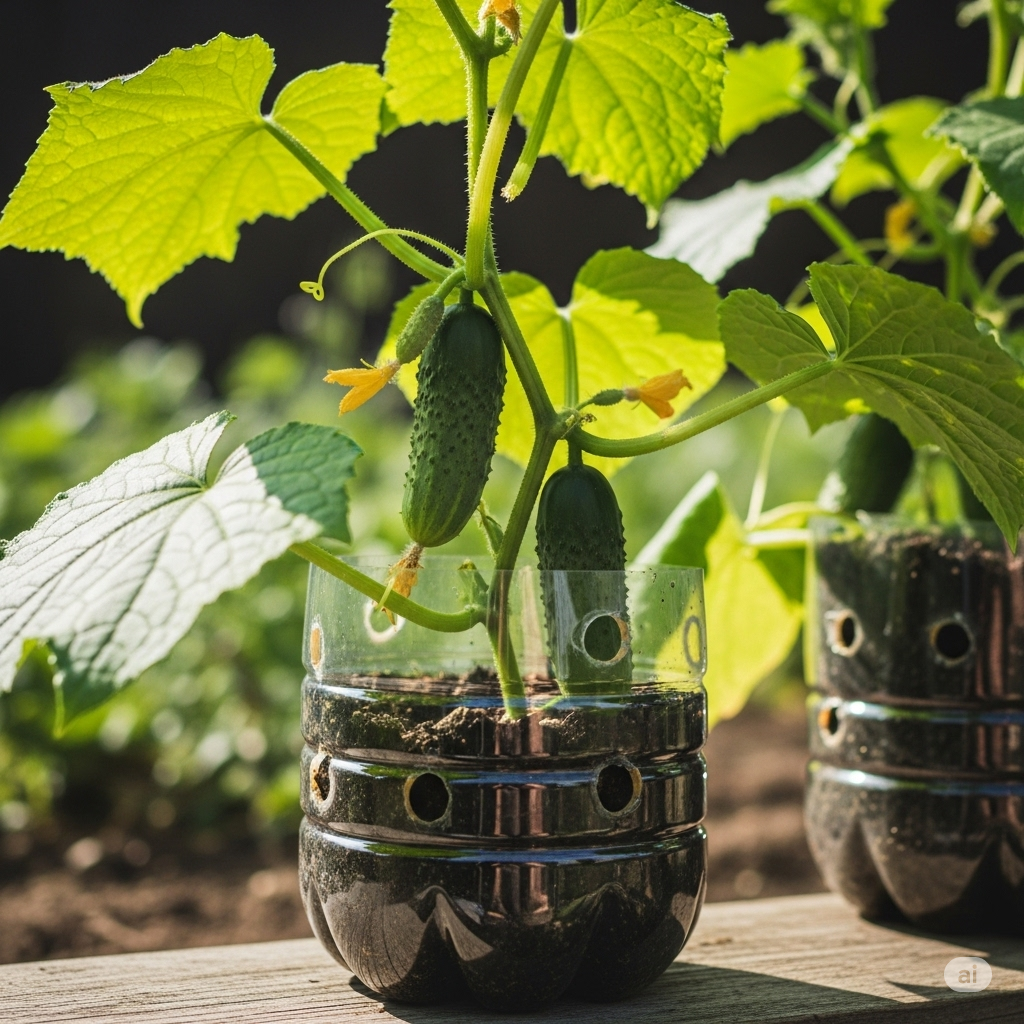 Recycled Bottles for Vertical Cucumber Vines - Home Garden Tips