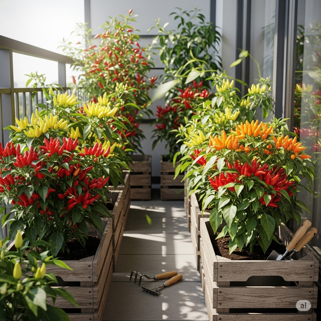 Spicy Balcony Gardening with Crates and Chilies - Home Garden Tips
