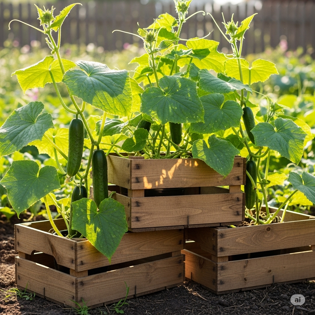 Backyard Cucumbers from Rustic Wooden Boxes - Home Garden Tips