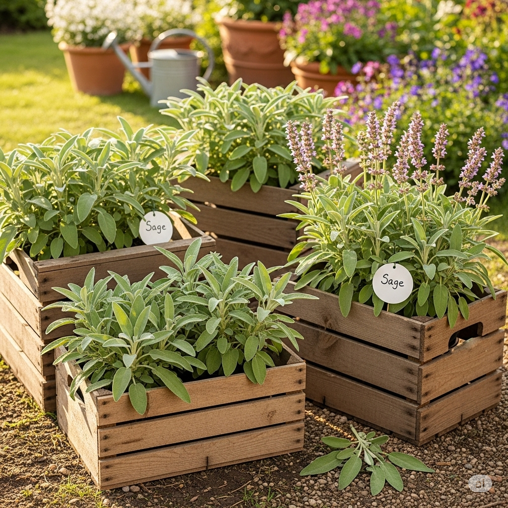 Wooden Crates for Hardy Herbs Like Sage - Home Garden Tips