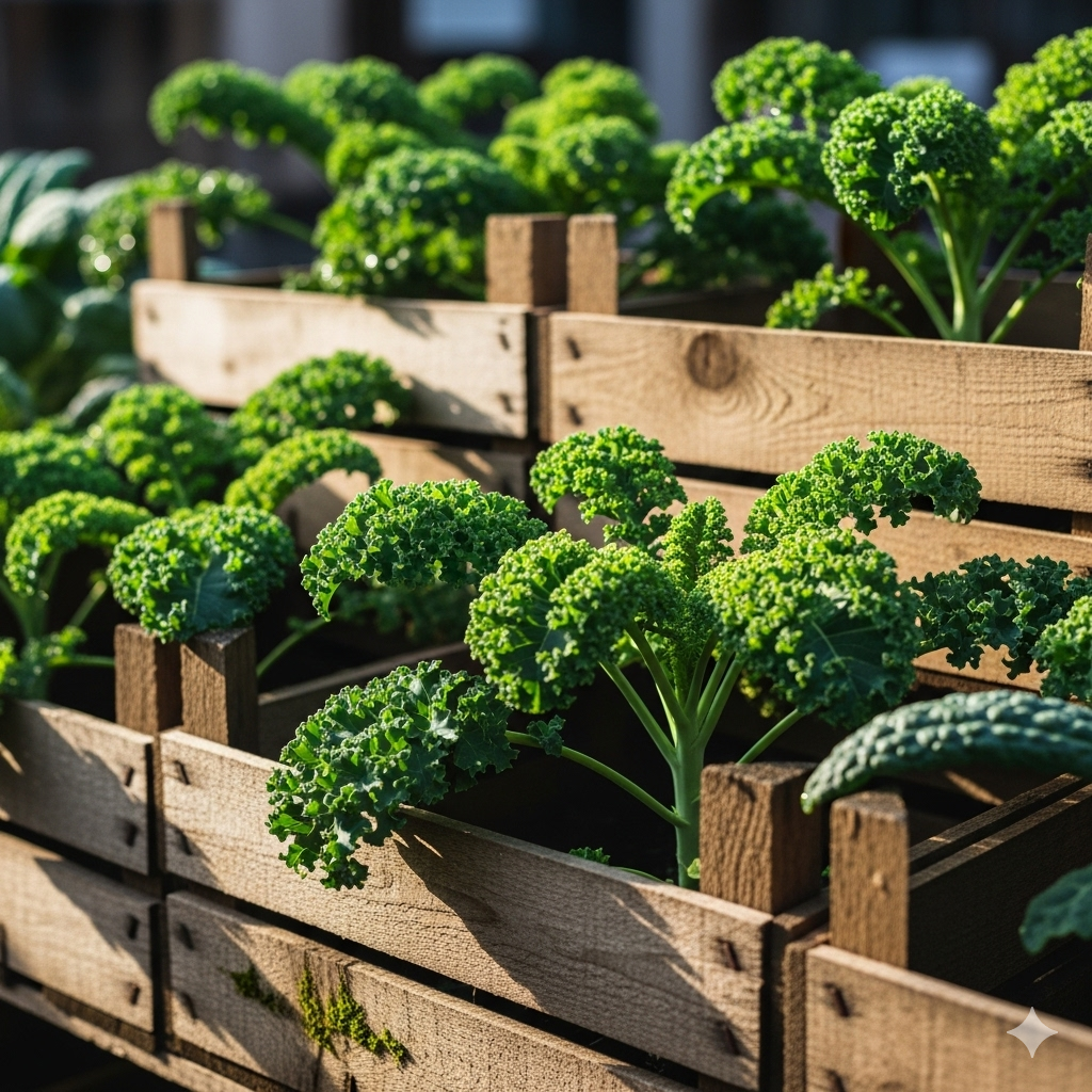Wooden Box Gardening Success with Kale Leaves - Home Garden Tips