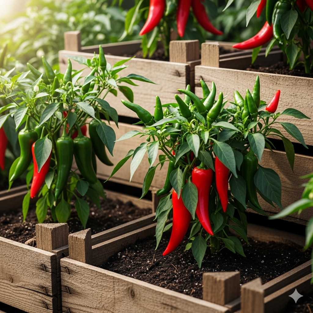 Fresh Hot Peppers from Rustic Wooden Planters - Home Garden Tips