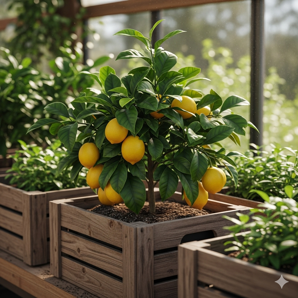 Compact Lemon Trees in Small Crate Planters - Home Garden Tips