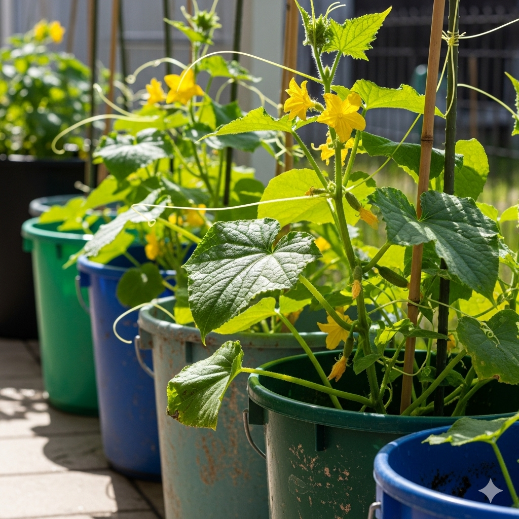 Continuous Harvests from Bucket-Grown Cucumbers - Home Garden Tips